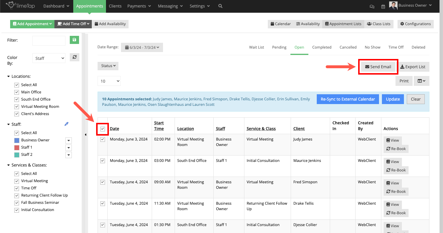 Emailing Clients from the Appointment List – TimeTap