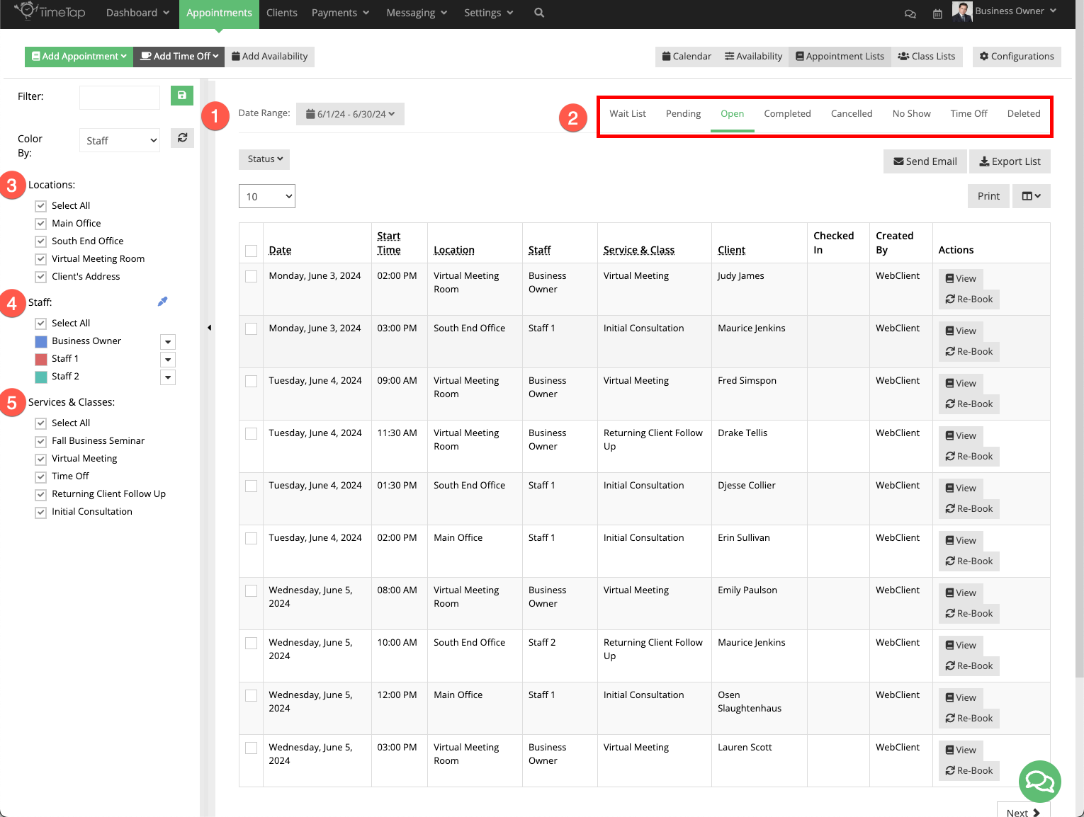 Emailing Clients from the Appointment List – TimeTap