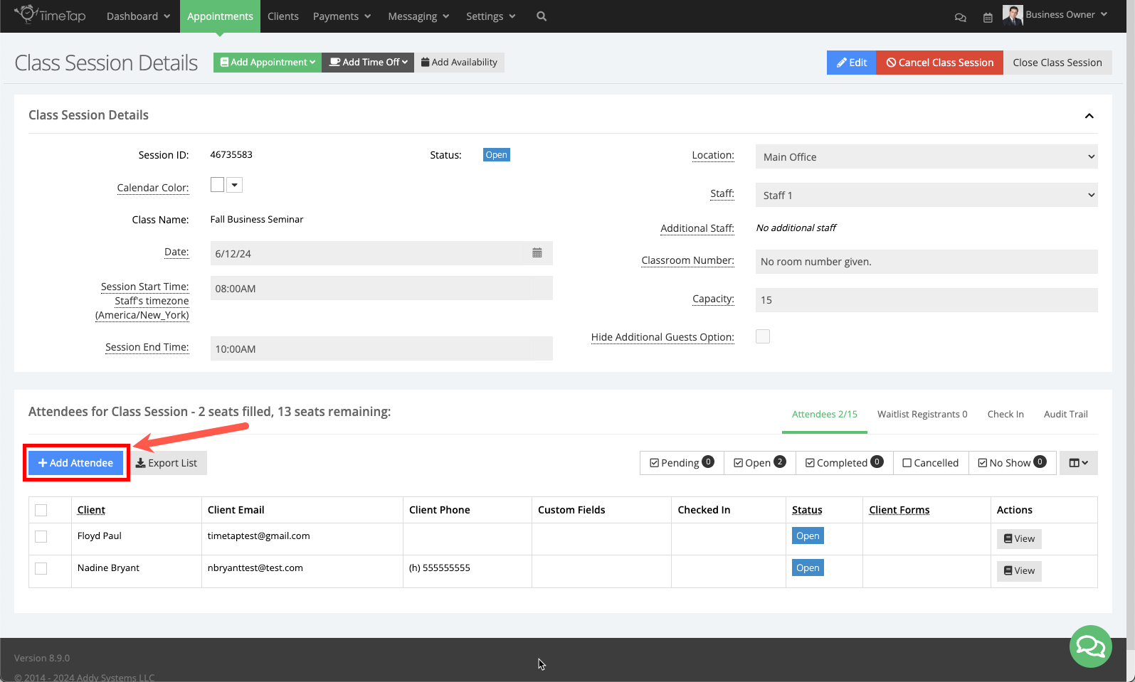 Adding Attendees to a Class Session – TimeTap