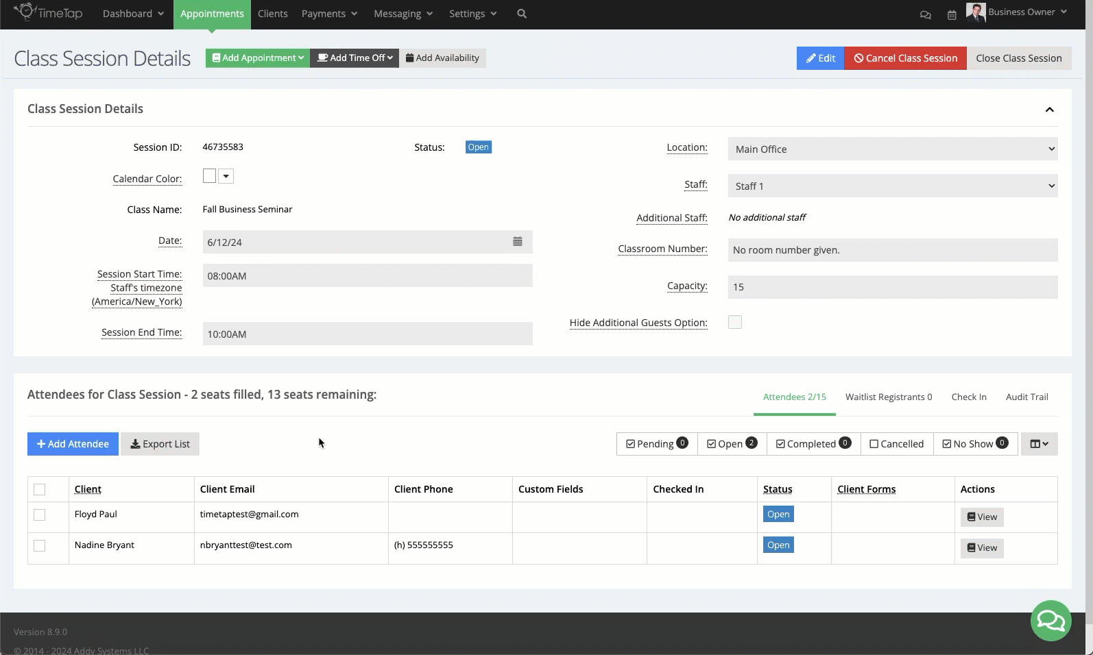 Adding Attendees to a Class Session – TimeTap