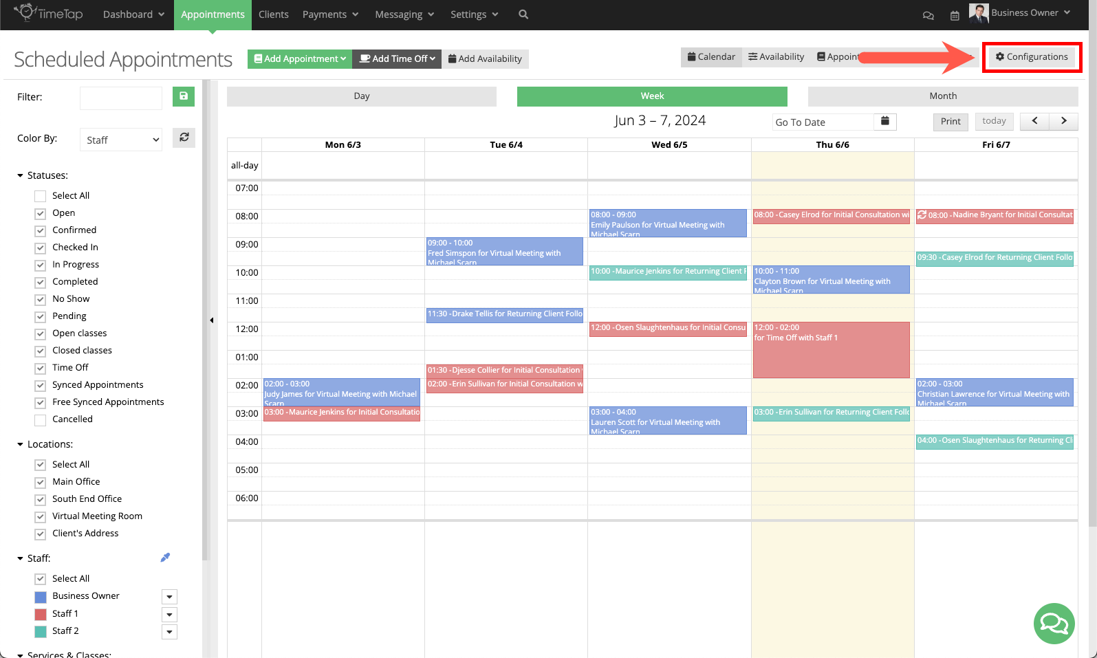 Appointments > Configurations Menu – TimeTap