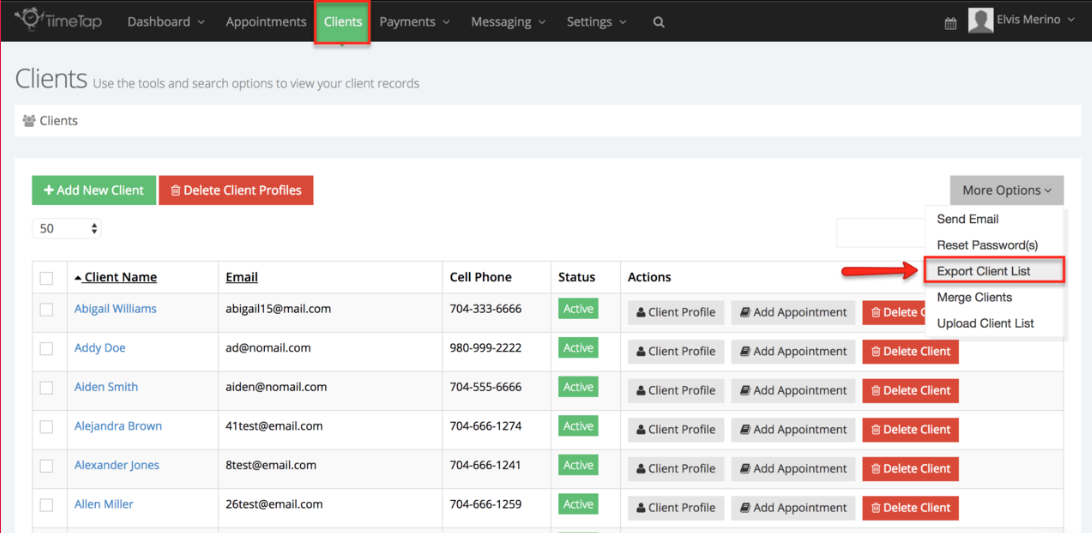 Exporting the Client List – TimeTap