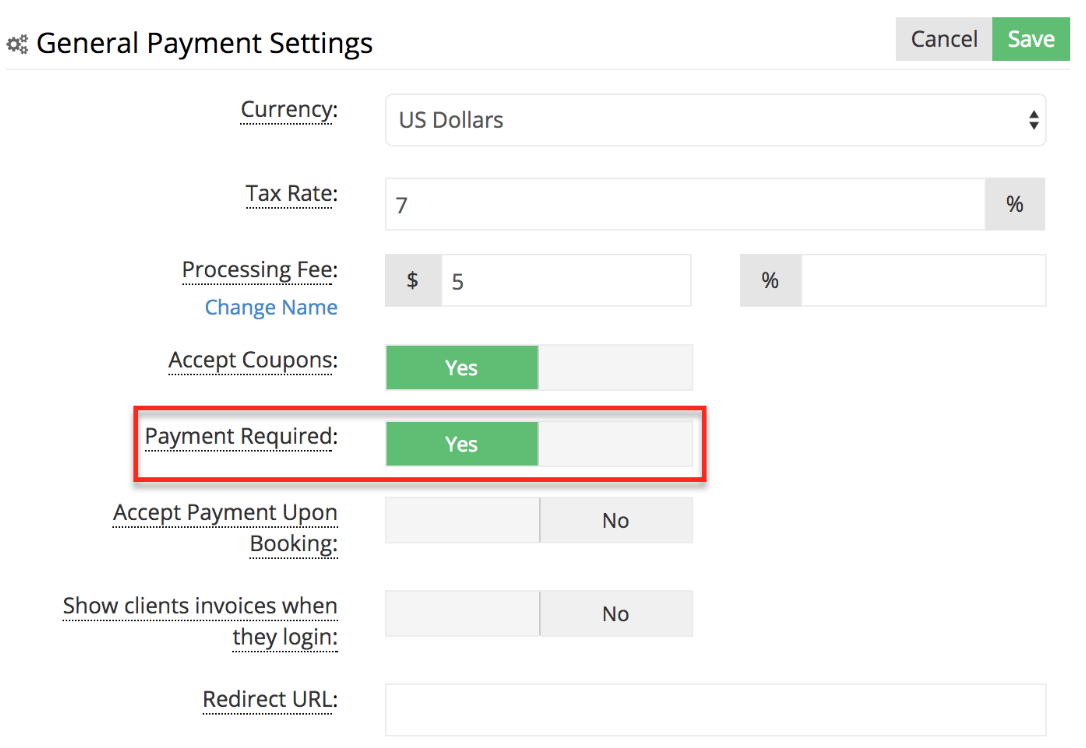 Setting Payment Required – TimeTap
