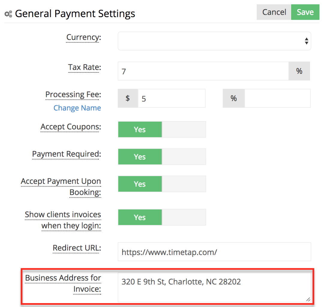 Business Address for Invoice – TimeTap