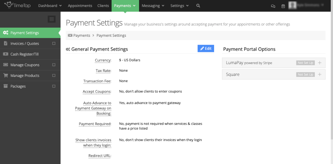 Payment Settings – TimeTap