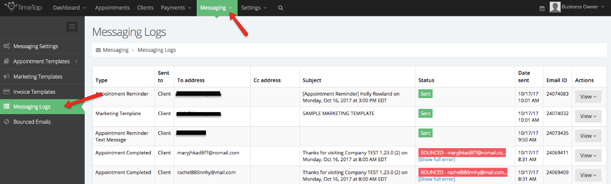 Messaging Logs and Bounced Emails – TimeTap