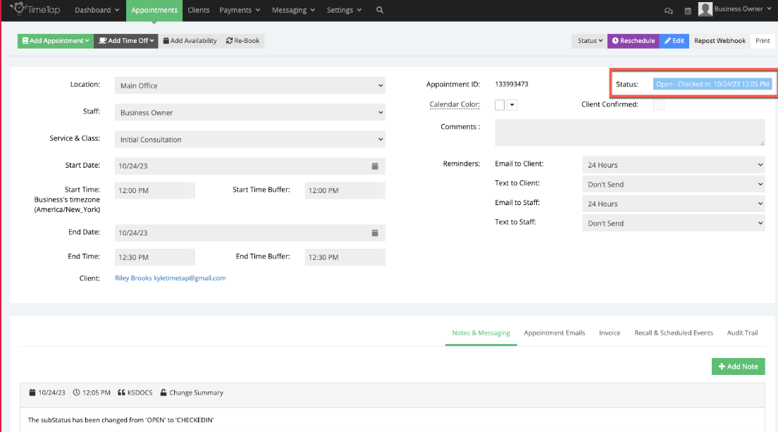 Check In Screen – TimeTap