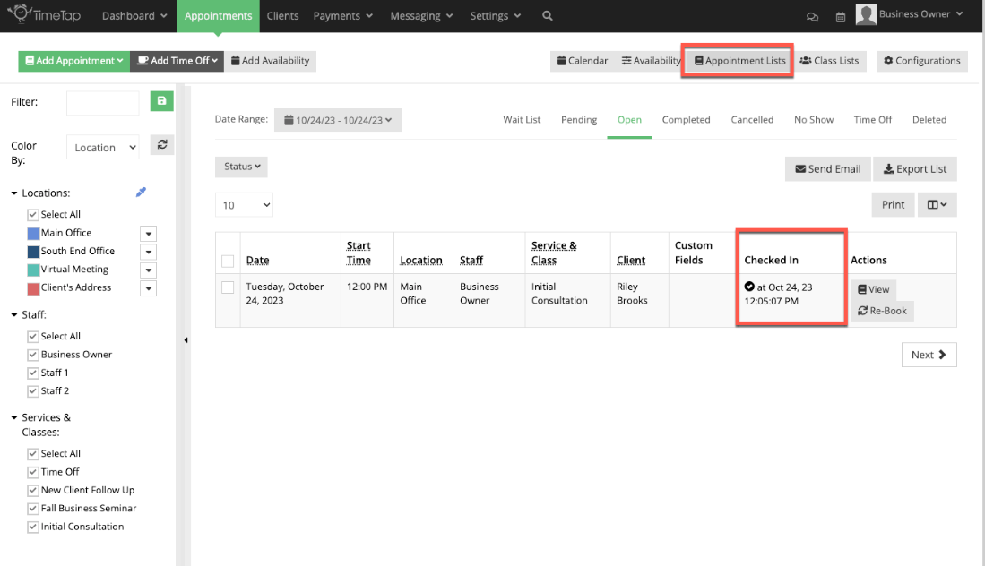 Check In Screen – TimeTap