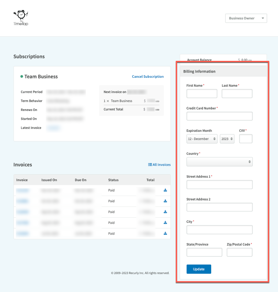 Billing Information – TimeTap