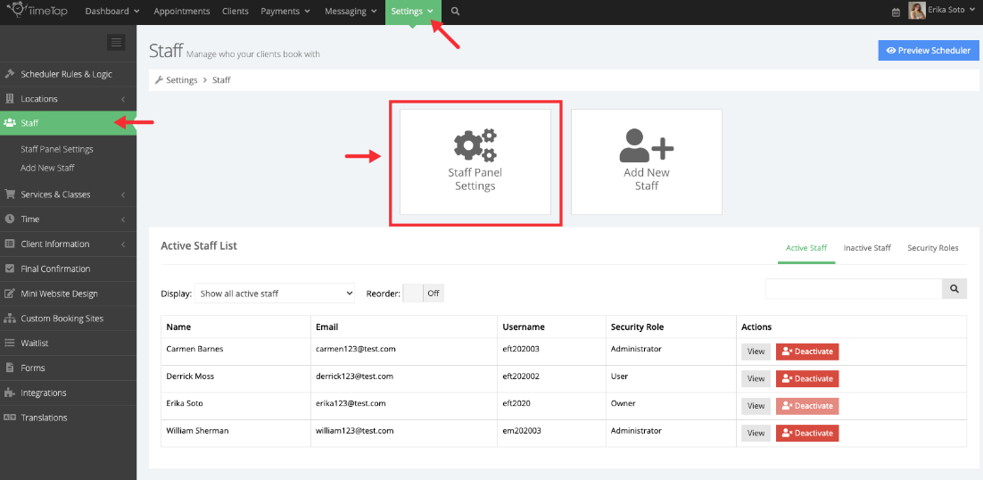 Staff Panel Settings – TimeTap