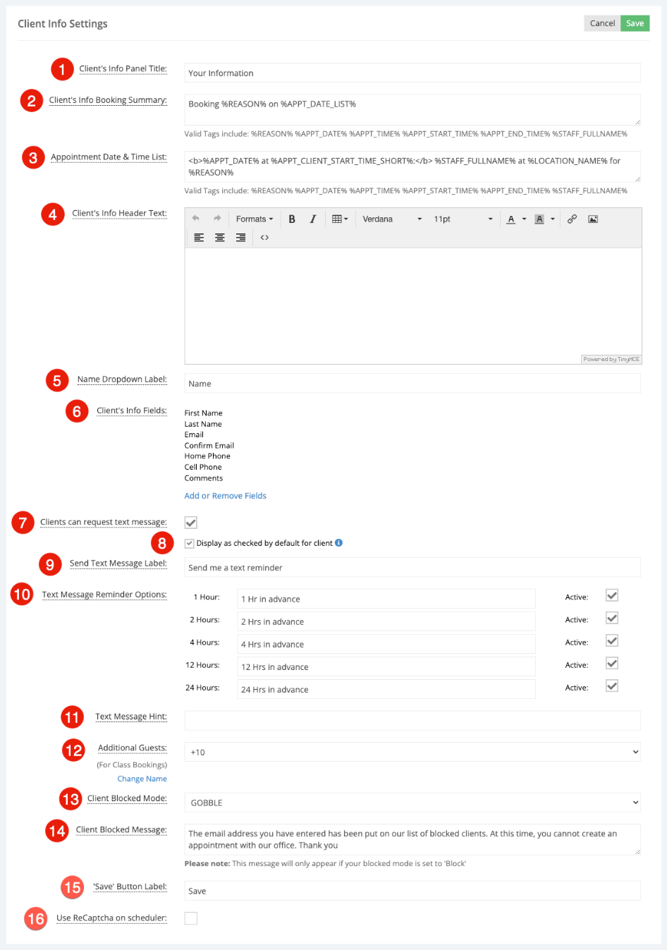 Client Info Panel Settings – TimeTap
