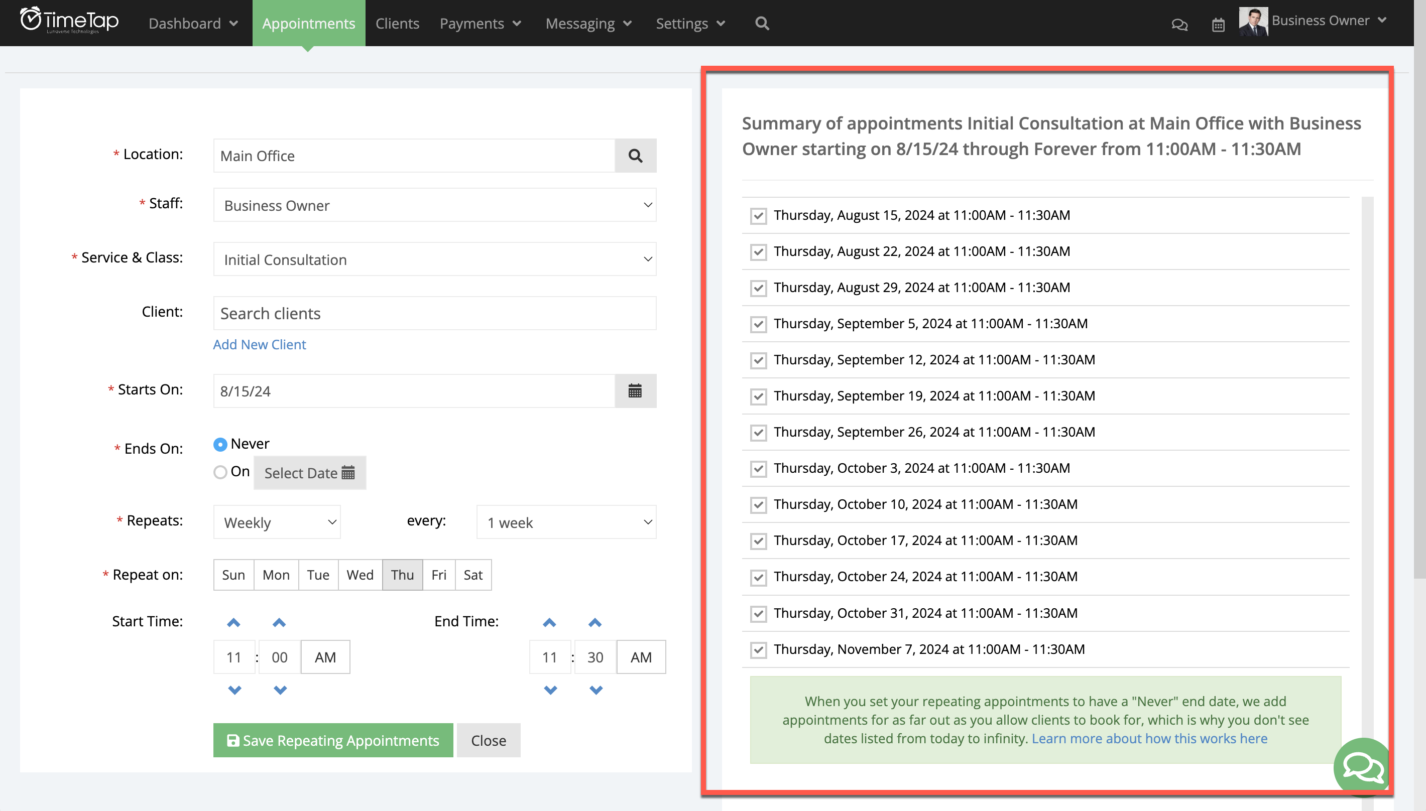 About Repeating Appointments – TimeTap