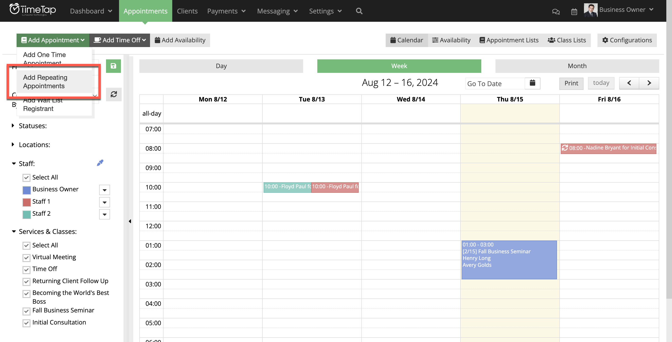 Adding Repeating Appointments for Services – TimeTap