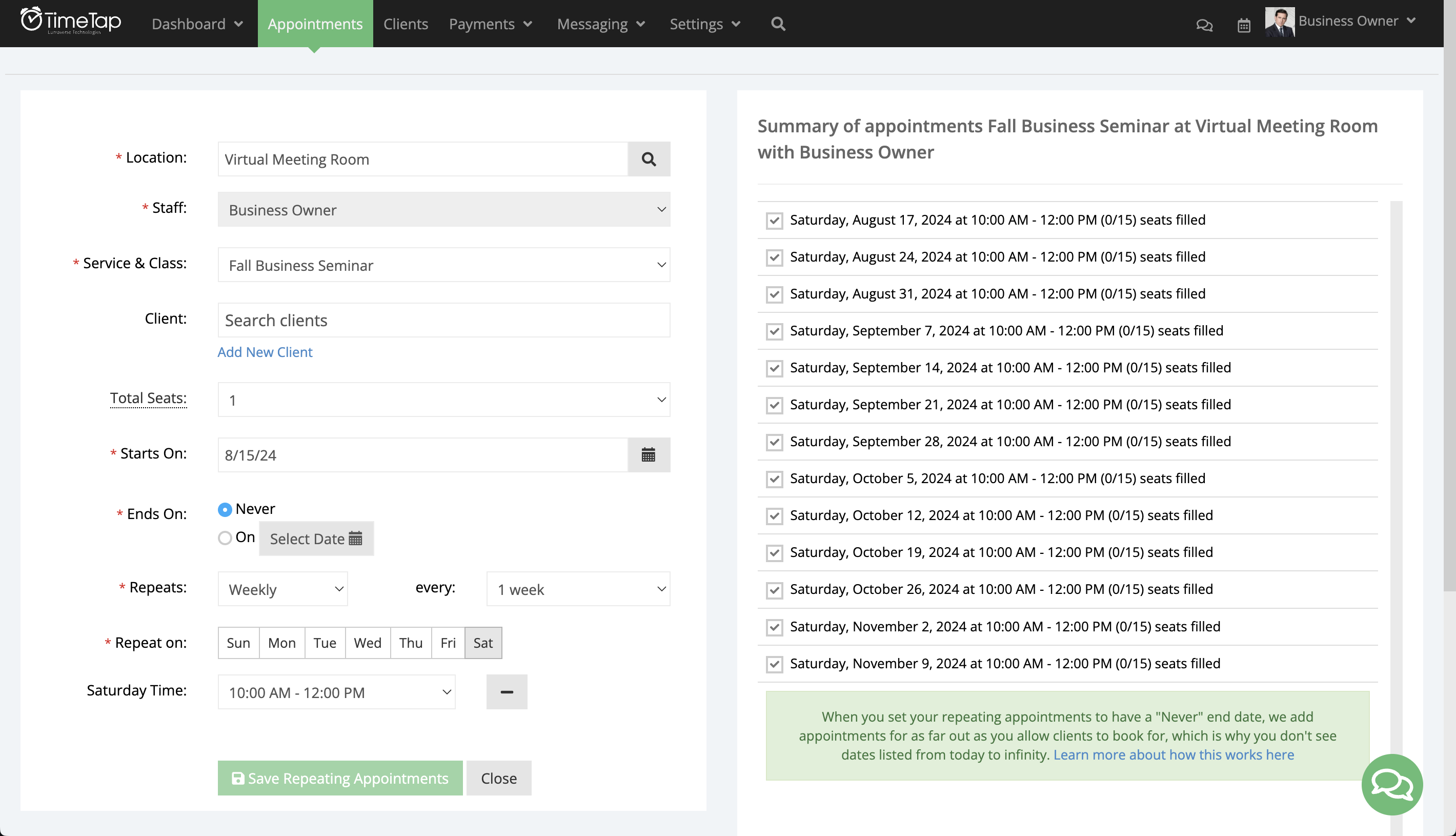 Adding Repeating Appointments for Classes – TimeTap