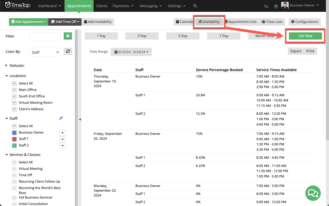 Availability List View – TimeTap