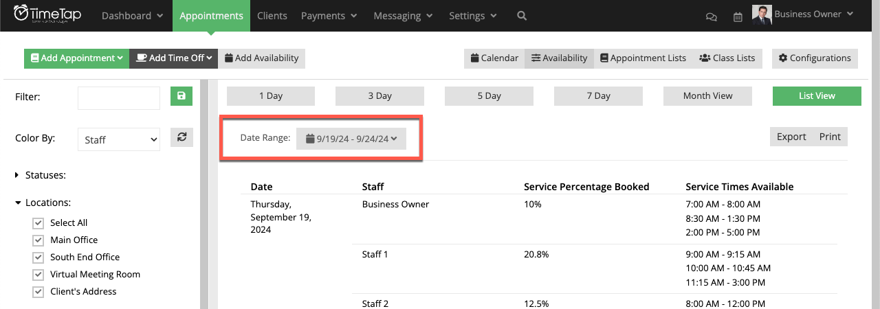 Availability List View – TimeTap