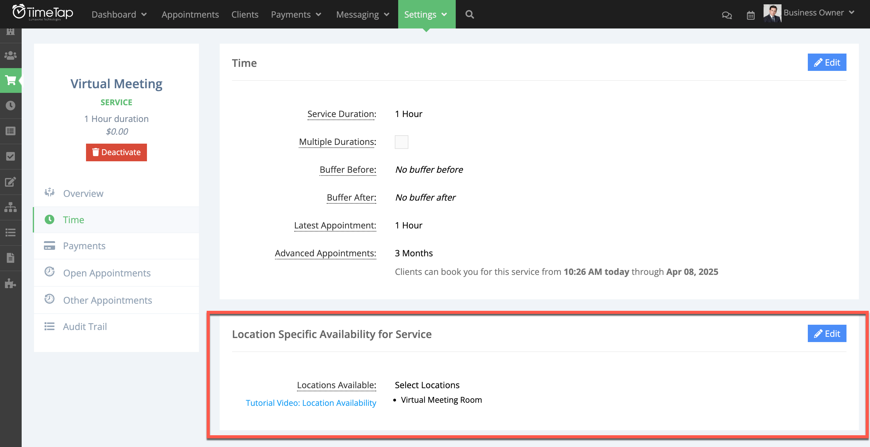 Location Specific Availability for a Service – TimeTap