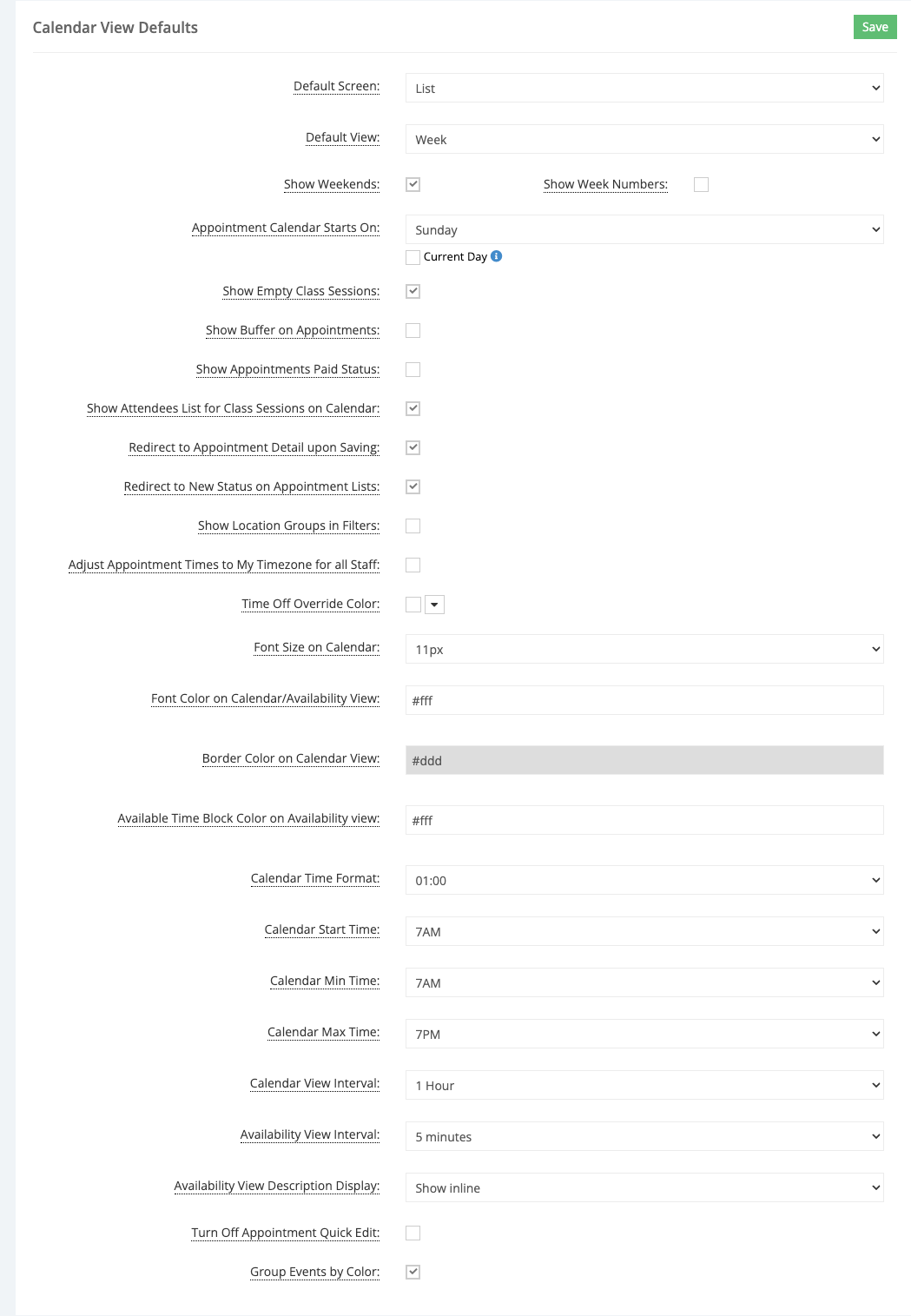 Calendar View Defaults – TimeTap