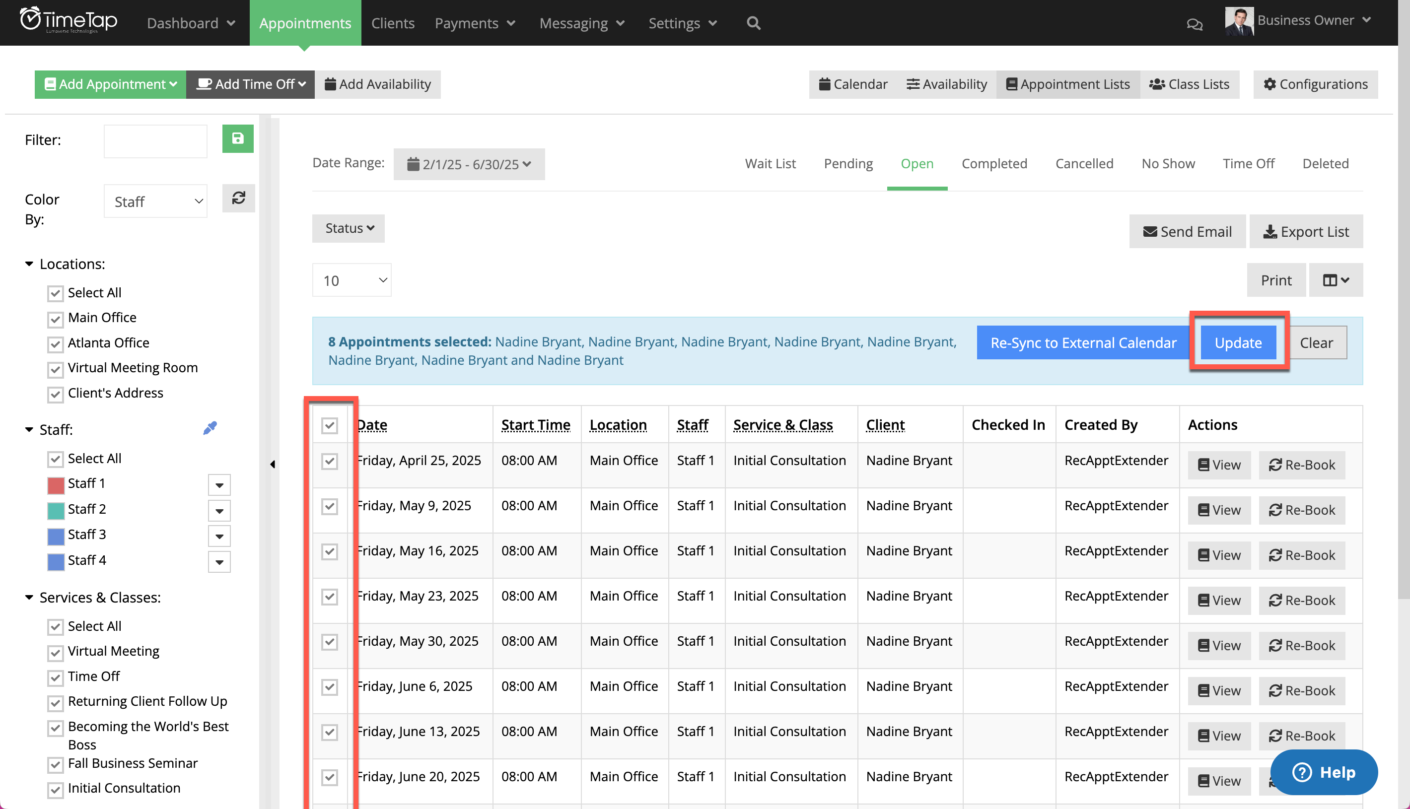 Bulk Updating Open Appointments – TimeTap