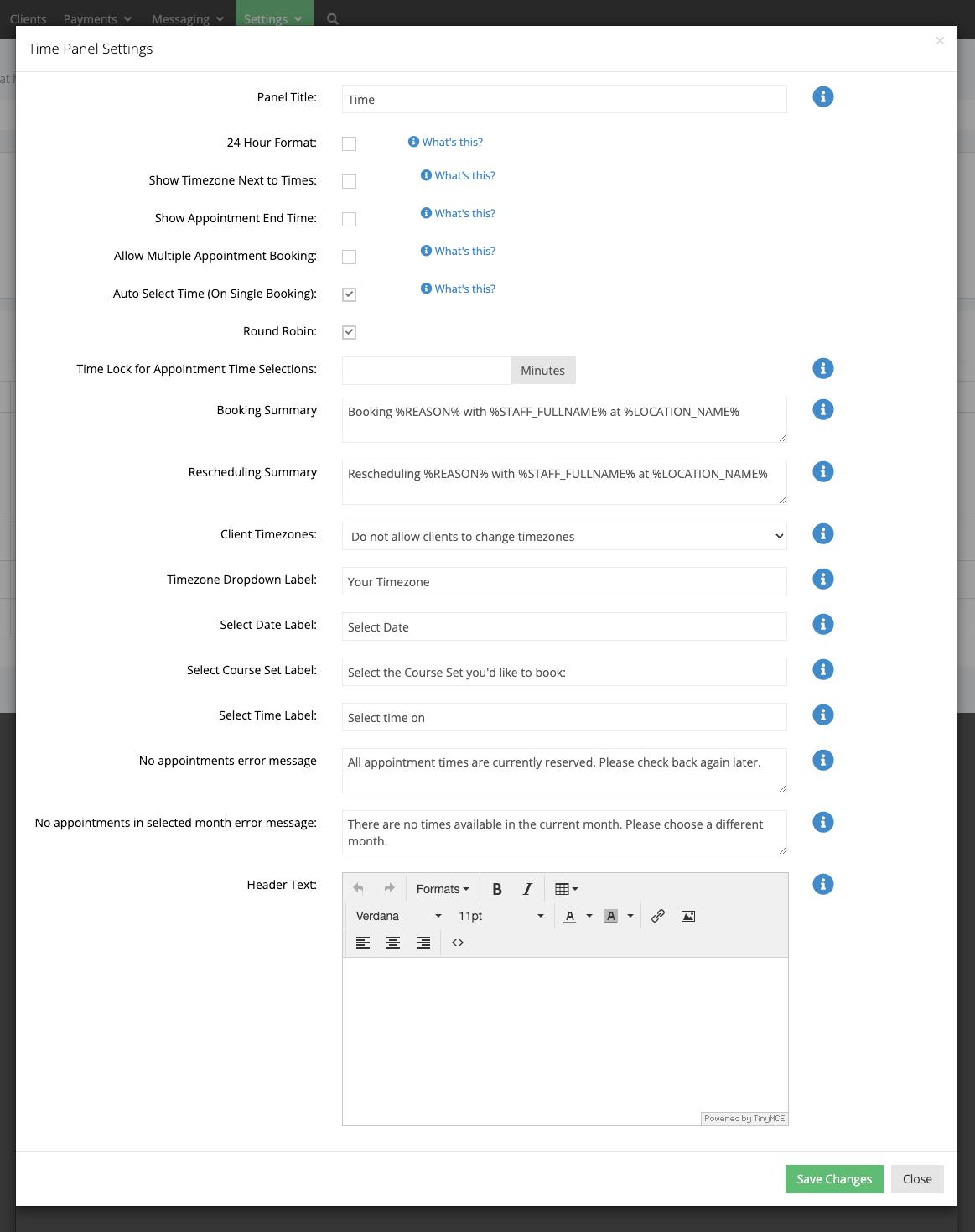 Time Panel Settings – TimeTap