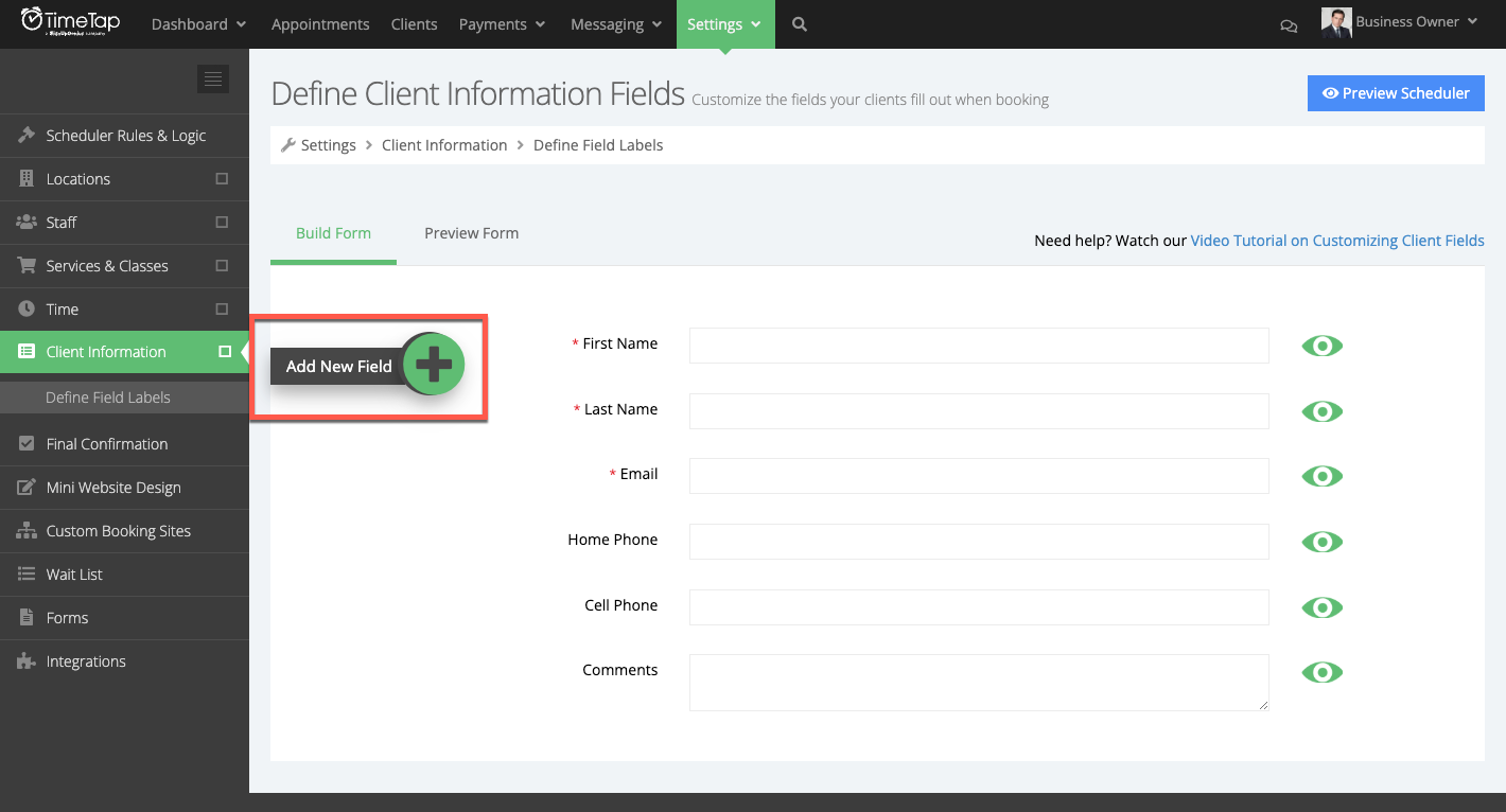 Adding New Client Info Fields – TimeTap