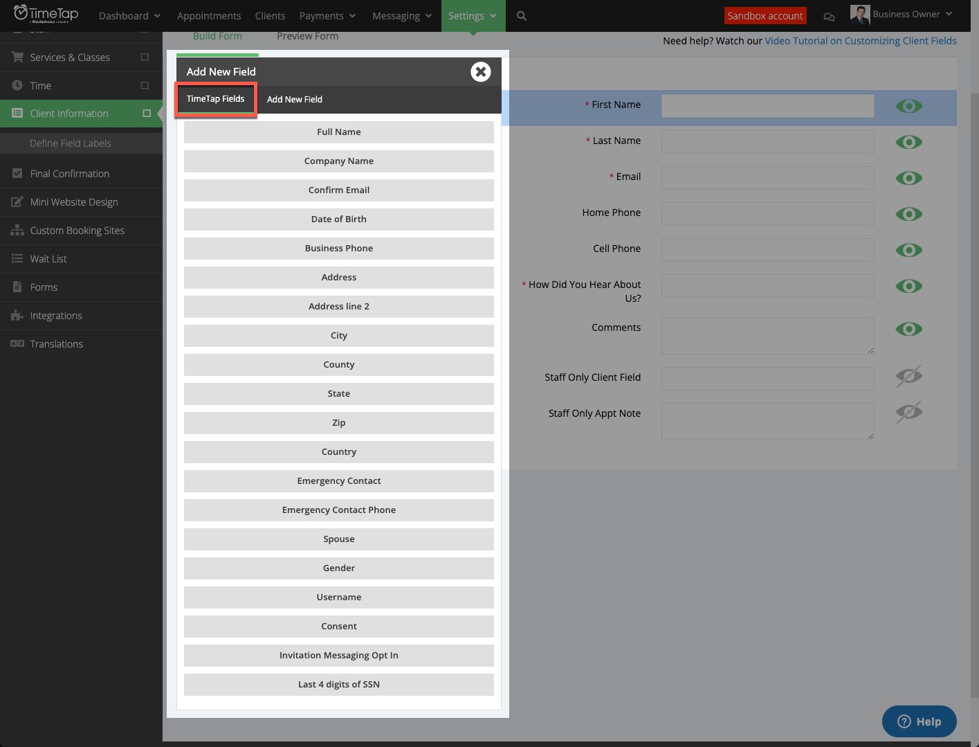 Adding New Client Info Fields – TimeTap