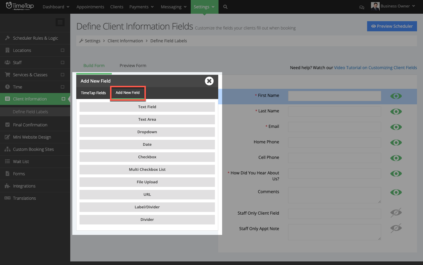 Adding New Client Info Fields – TimeTap