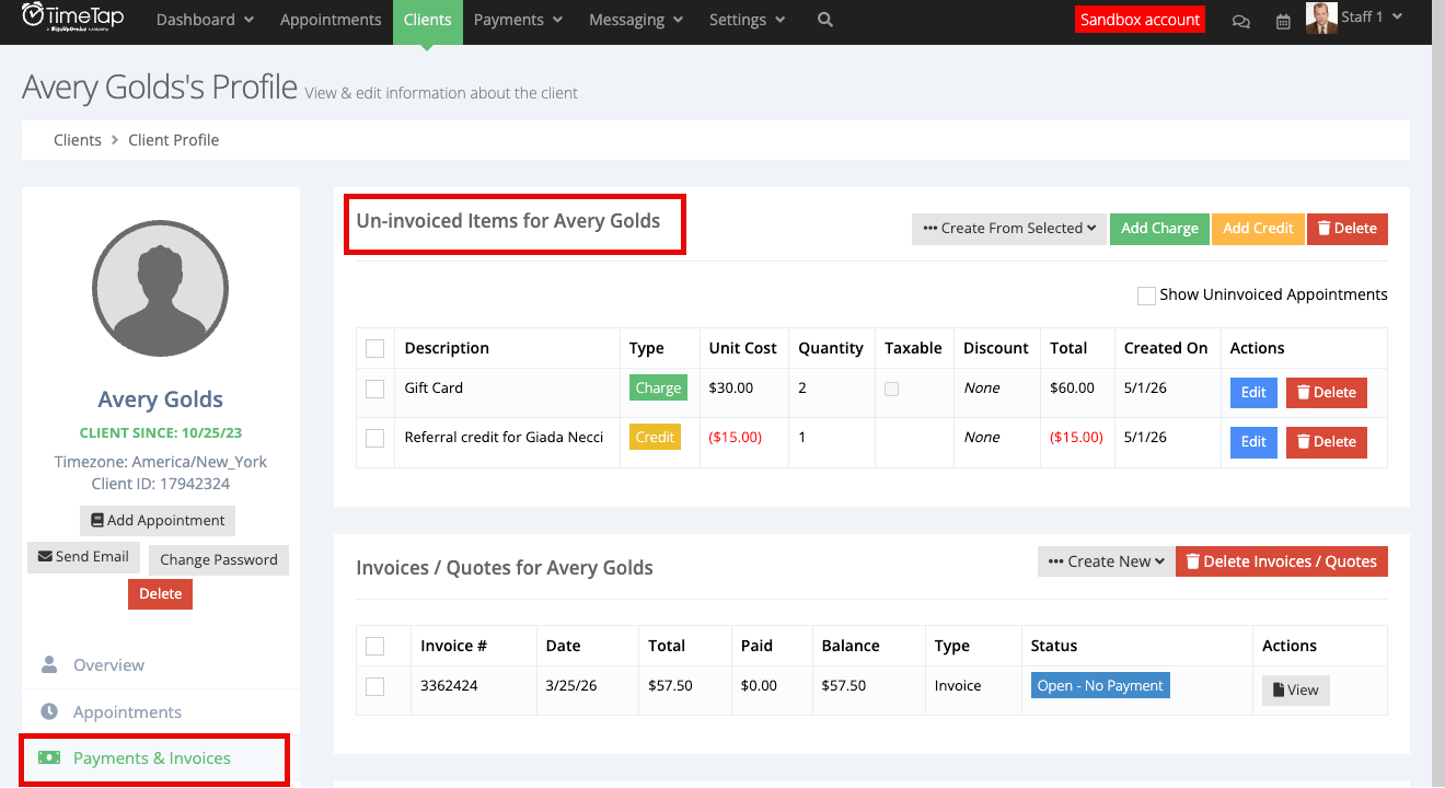 Creating Invoices from Charges and Credits – TimeTap